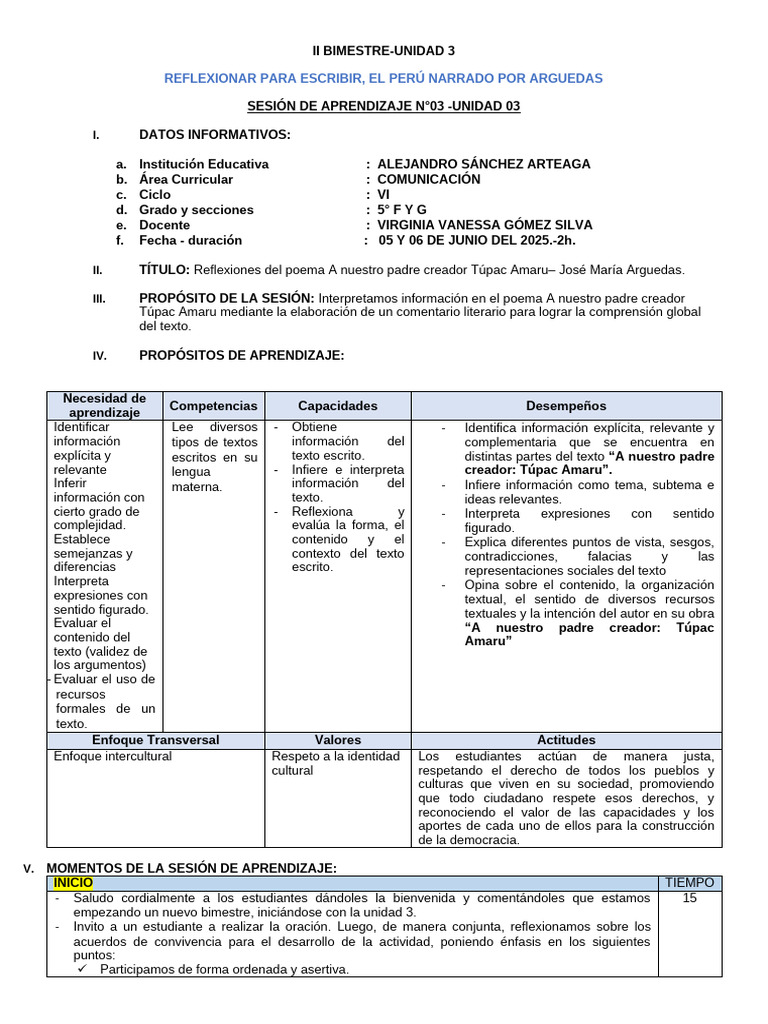 Sesión 04 - U3 - Leemos A Nuestro Padre Creador Tupac Amaru - Quinto ...