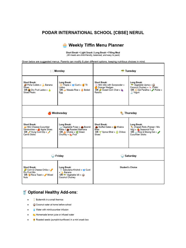 Weekly Tiffin Menu Planner - 2025-26 | PDF | Chutney | Fruit