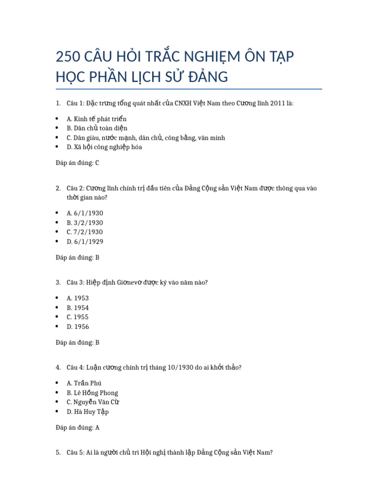 250_Cau_Hoi_Trac_Nghiem_Lich_Su_Dang | PDF
