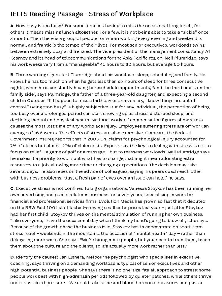Ielts Reading Passage Stress of Workplace 6728 | PDF | Stress (Biology ...