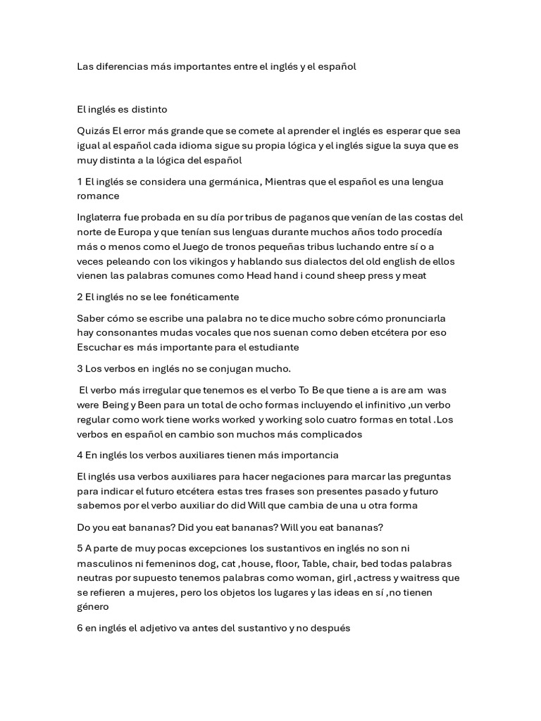 Diferencias Clave entre Inglés y Español | PDF | Idioma en Inglés | Verbo