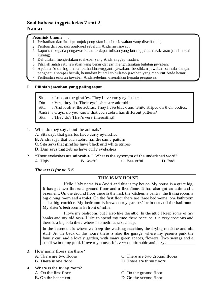 English Exam Questions for 7th Grade | PDF