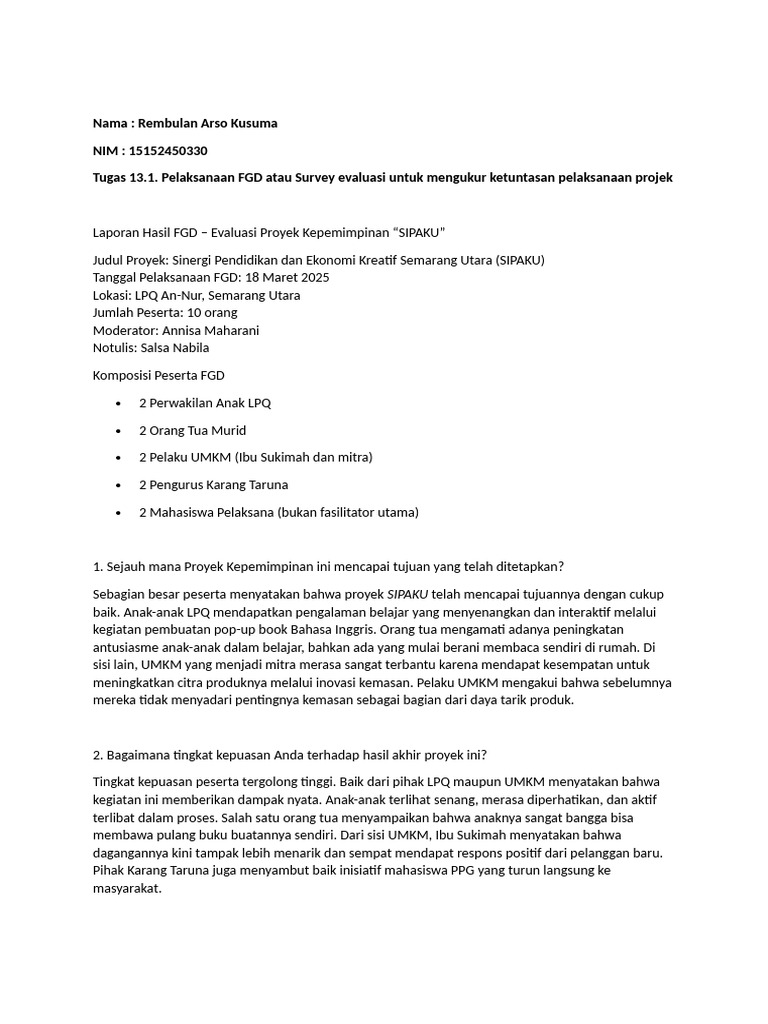 Tugas 13.1. Pelaksanaan FGD Atau Survey Evaluasi Untuk Mengukur ...