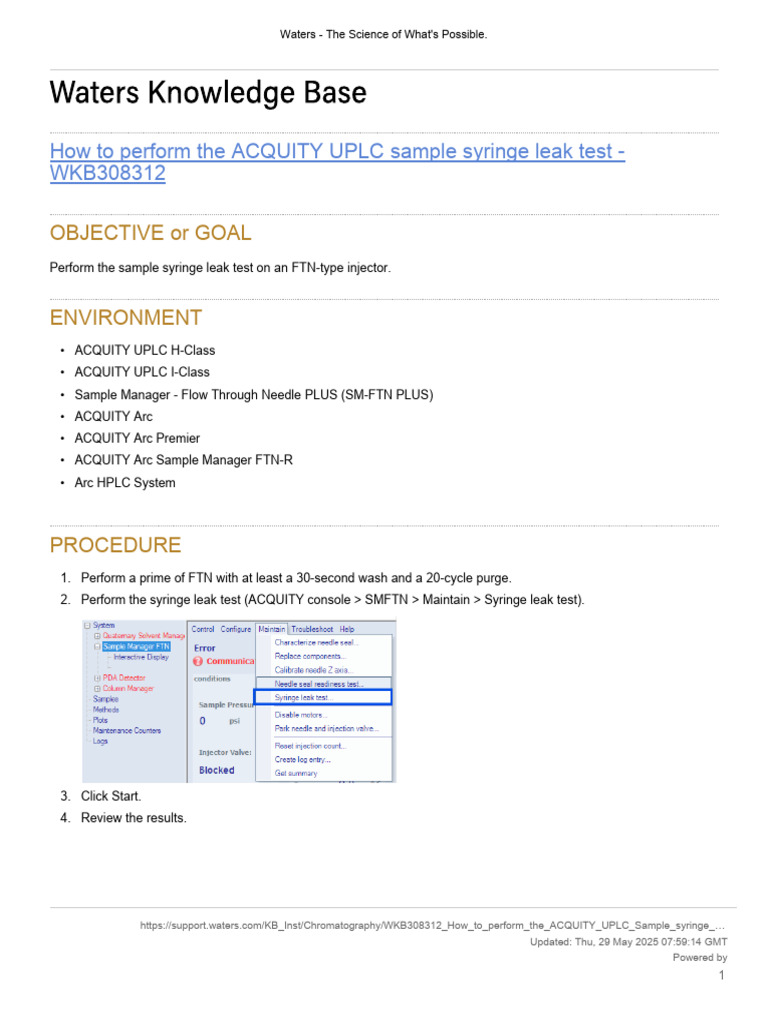How To Perform The ACQUITY UPLC Sample Syringe Leak Test - WKB308312 | PDF