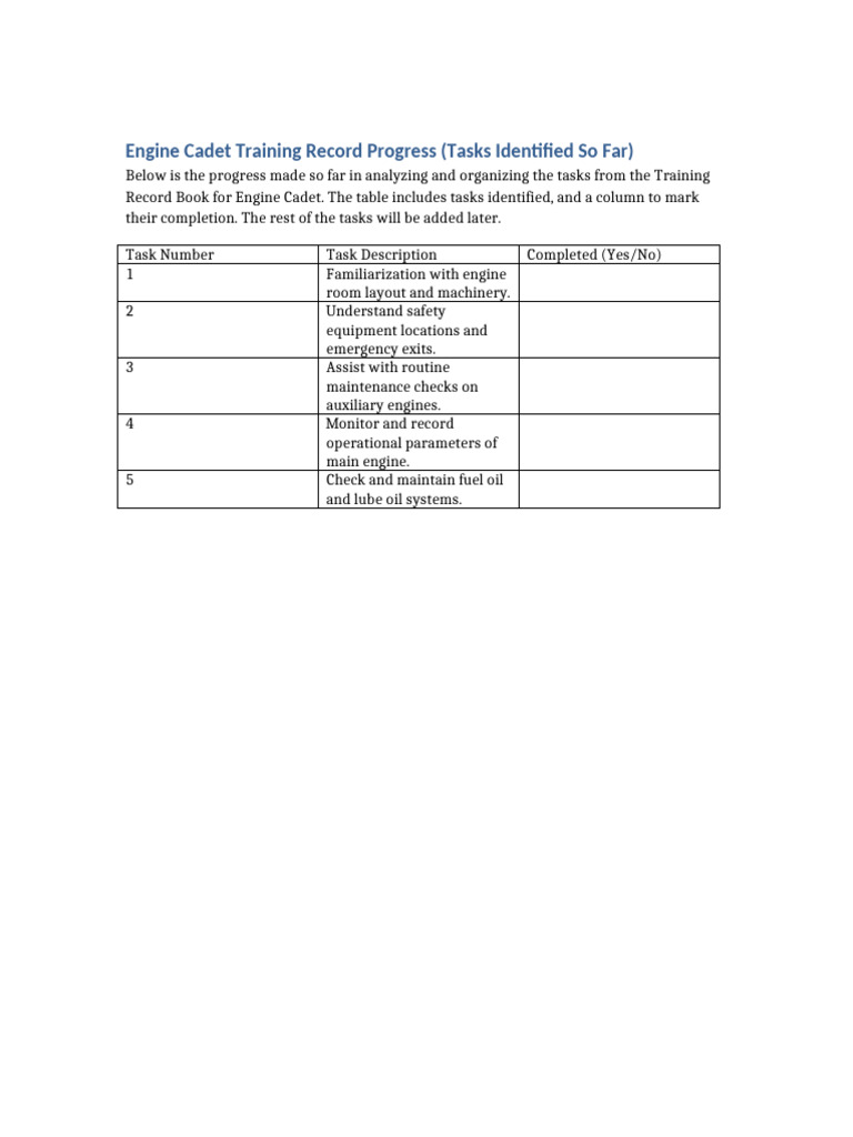 Engine Cadet Training Tasks Progress | PDF
