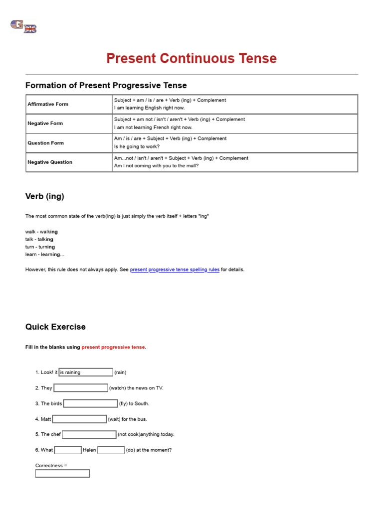 Present Continuous Tense Chart | PDF