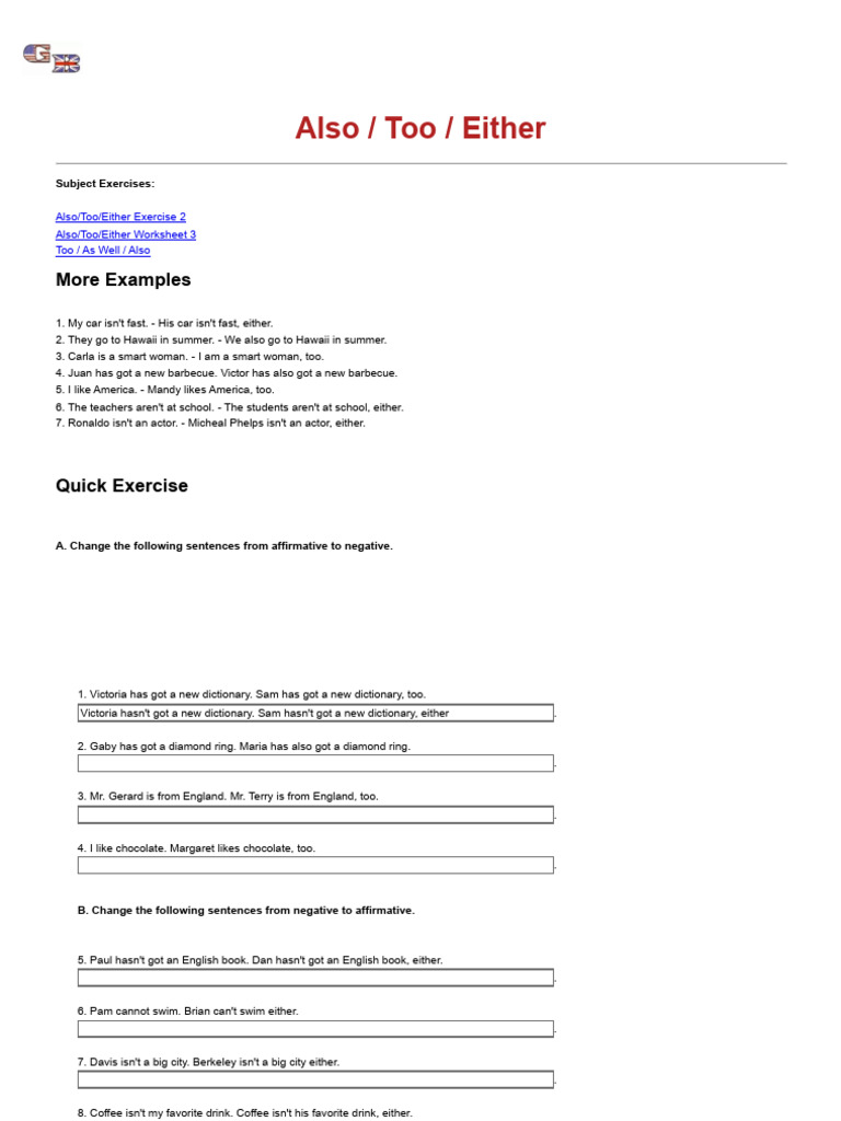 Also - Too - Either - GrammarBank | PDF