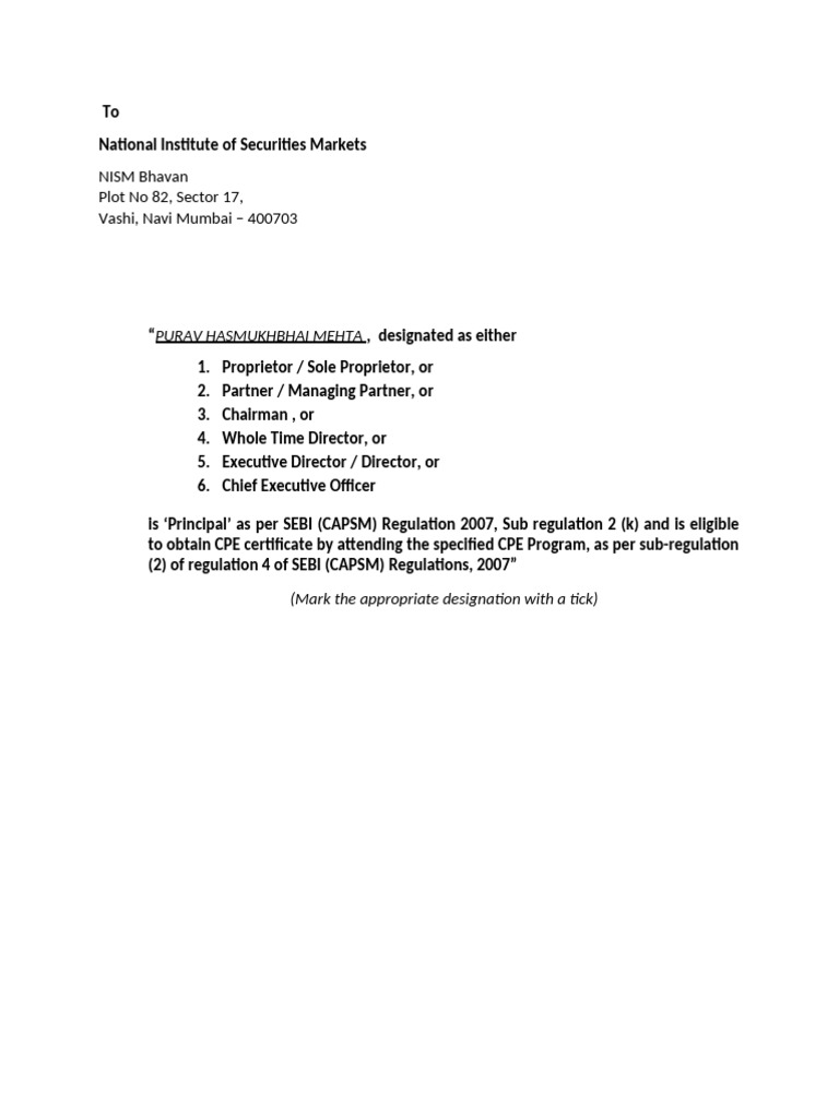 Purav Mehta's SEBI Principal Eligibility | PDF