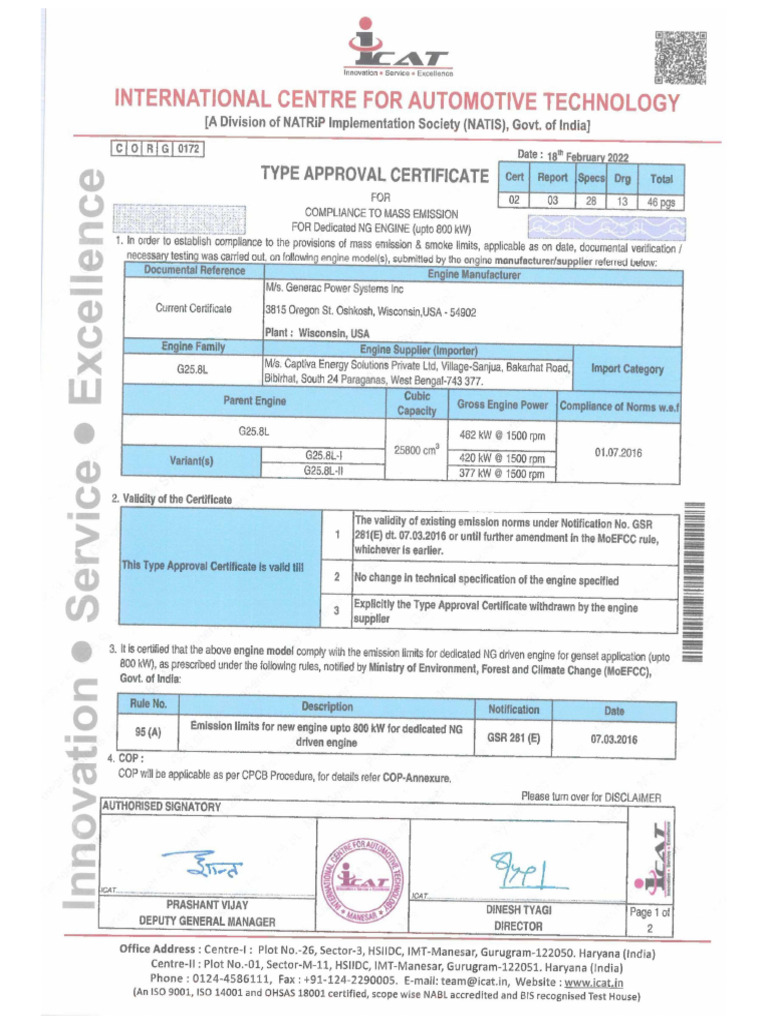 Engine Emission Certificate 500 KVA | PDF