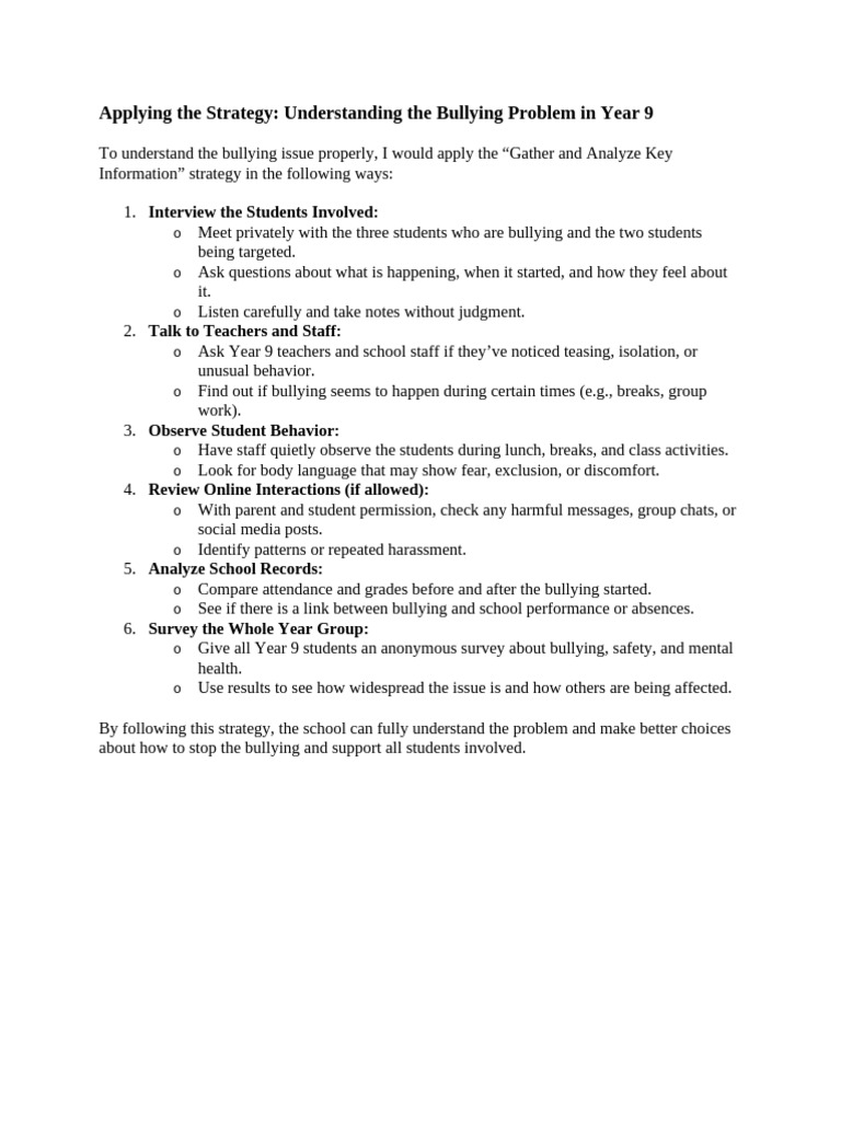 Applying The Strategy: Understanding The Bullying Problem in Year 9 | PDF