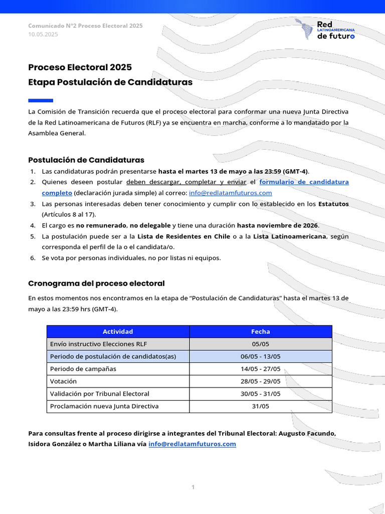 RLF - Comunicado N°2 Proceso Electoral | PDF