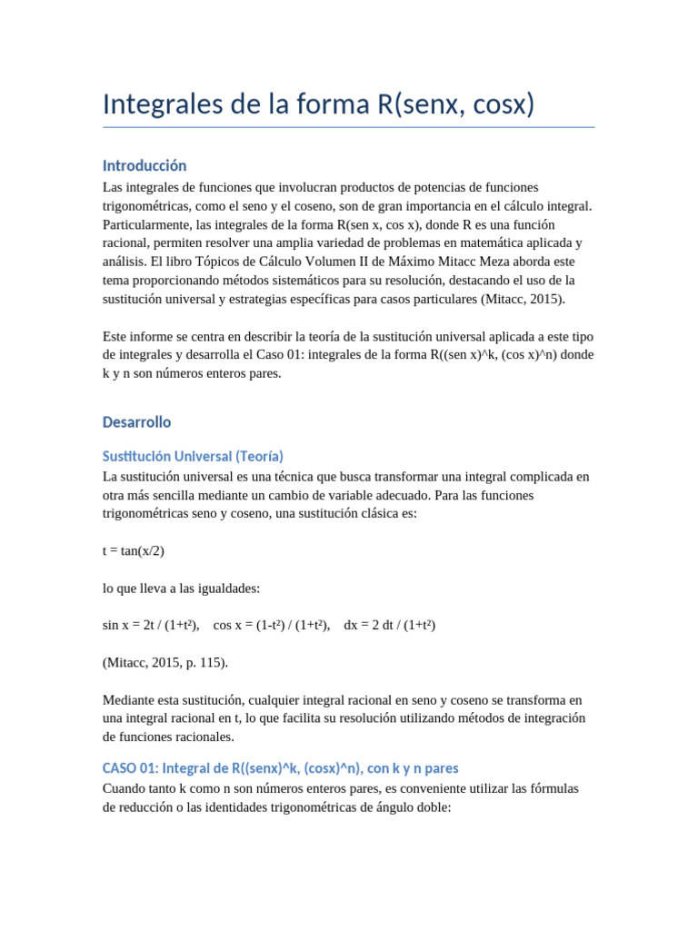 Informe Integrales Seno Coseno | PDF | Integral | Funciones trigonométricas