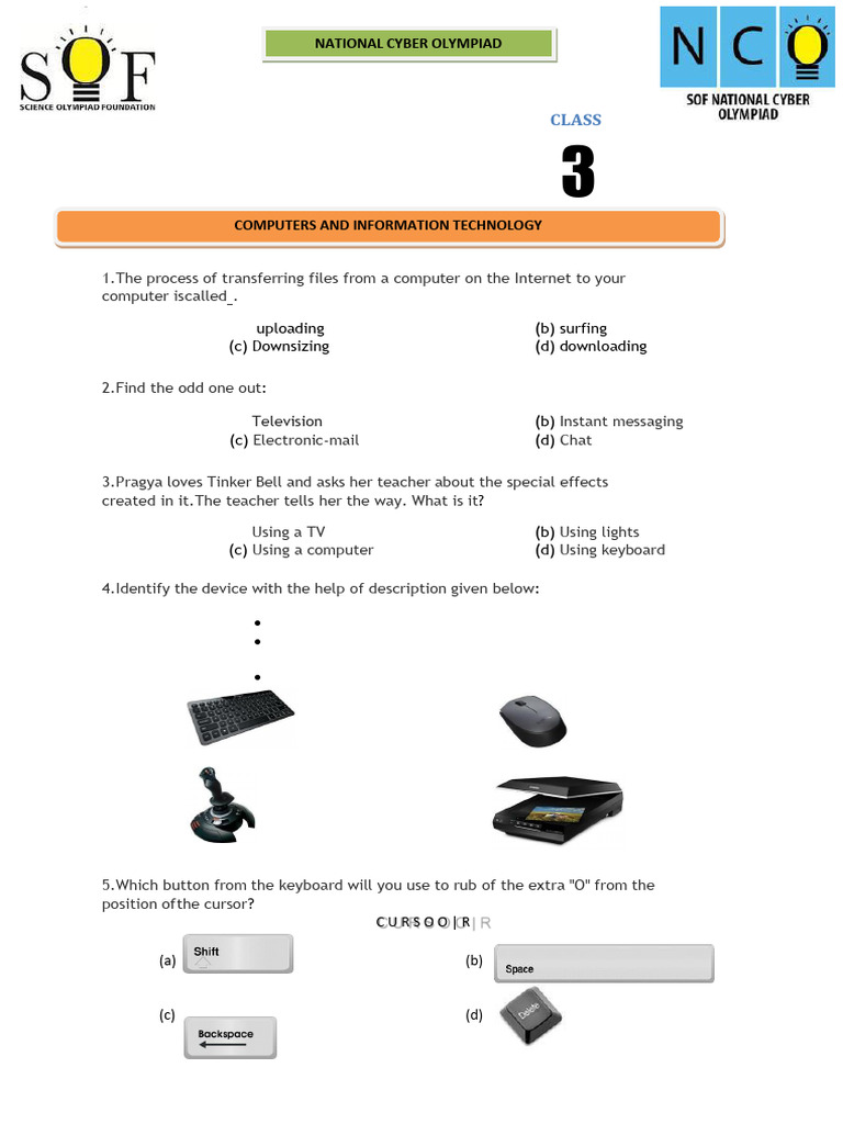 Computer Olypmiad Test-Class 3 | PDF | Computer Hardware | Software