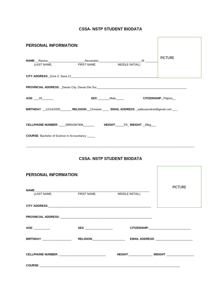 Student Biodata Template for NSTP | PDF