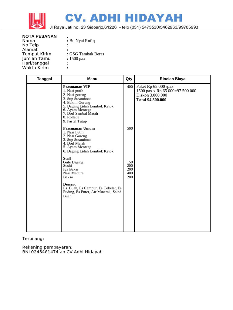 Nota Pesanan Catering 1500 Pax | PDF