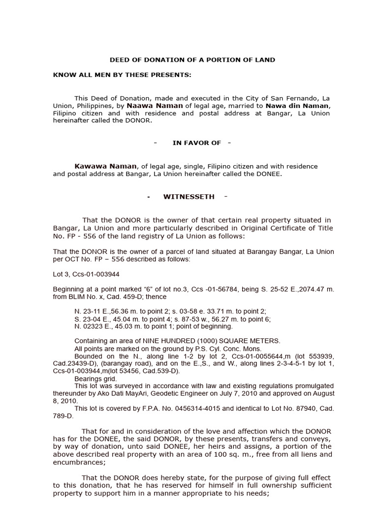 Deed of Donation for Land in La Union | PDF | Private Law | Law And ...