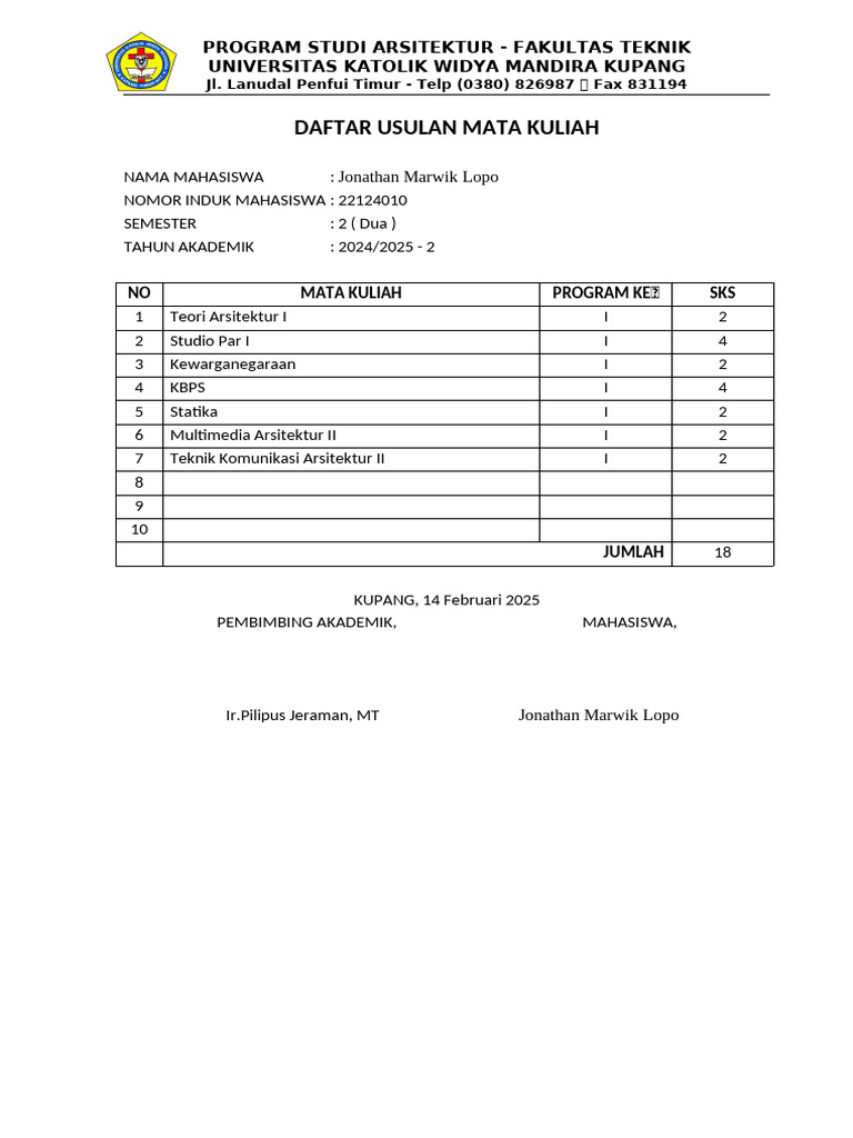 Daftar Usulan Mata Kuliah Jonathan | PDF