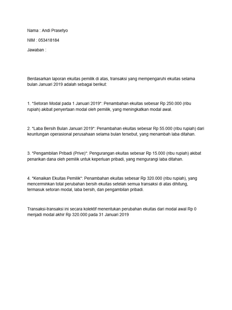 Transaksi Ekuitas Pemilik Januari 2019 | PDF