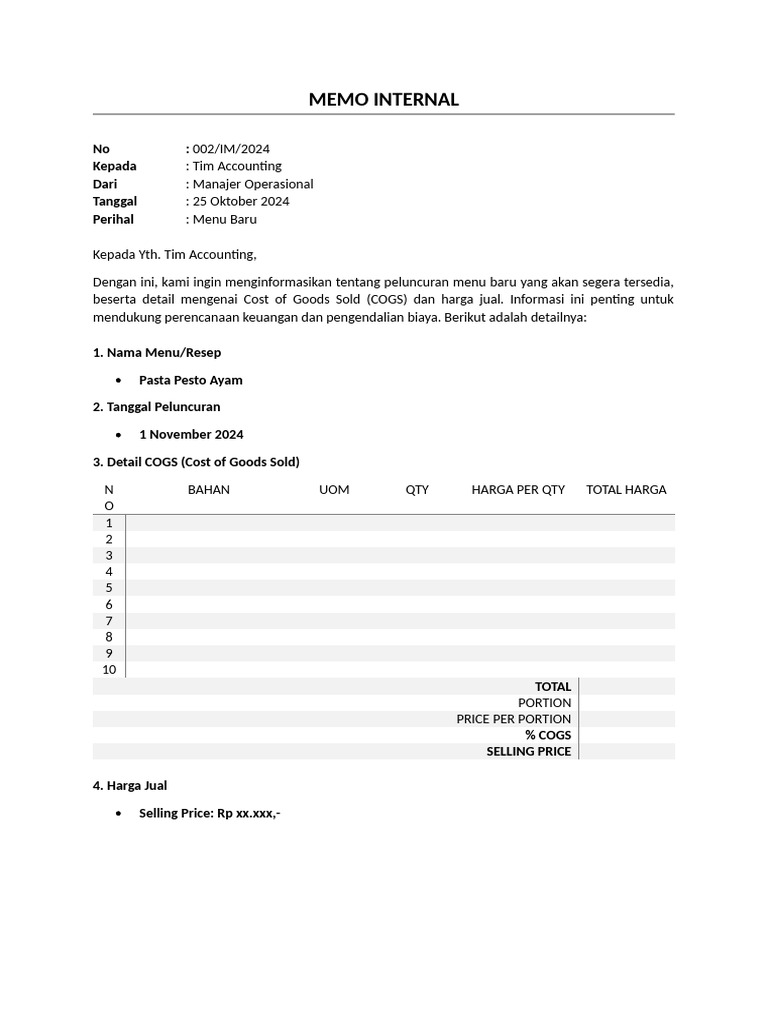 Memo Internal Menu Baru | PDF