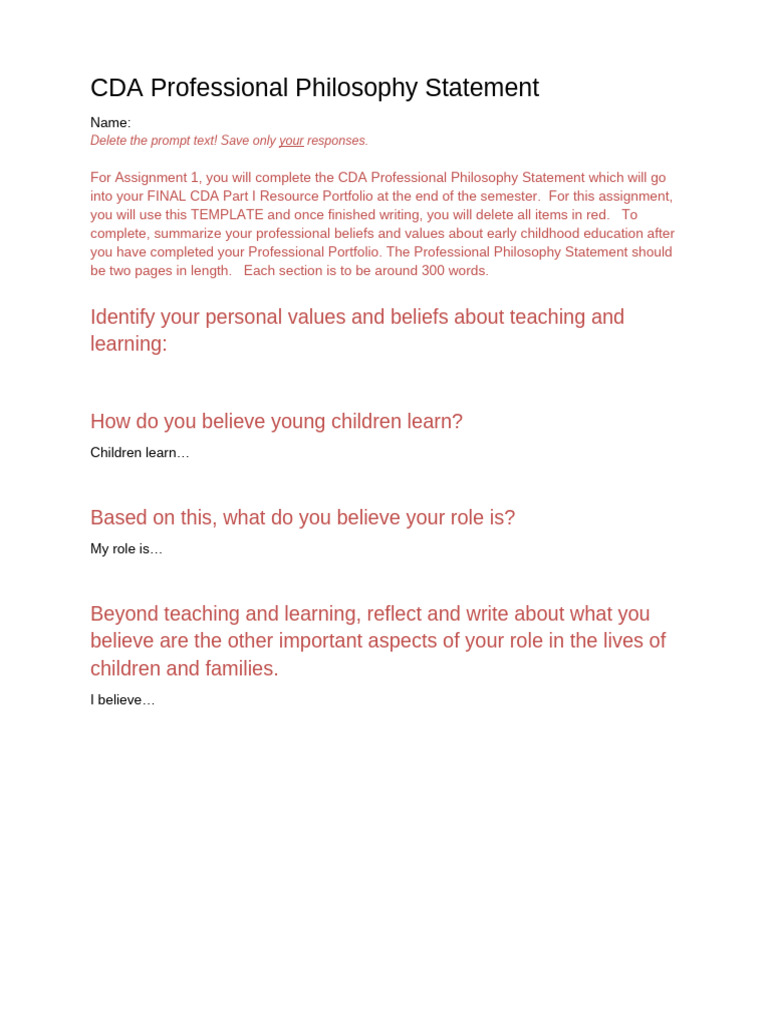 CDA Professional Philosophy Statement Guide | PDF