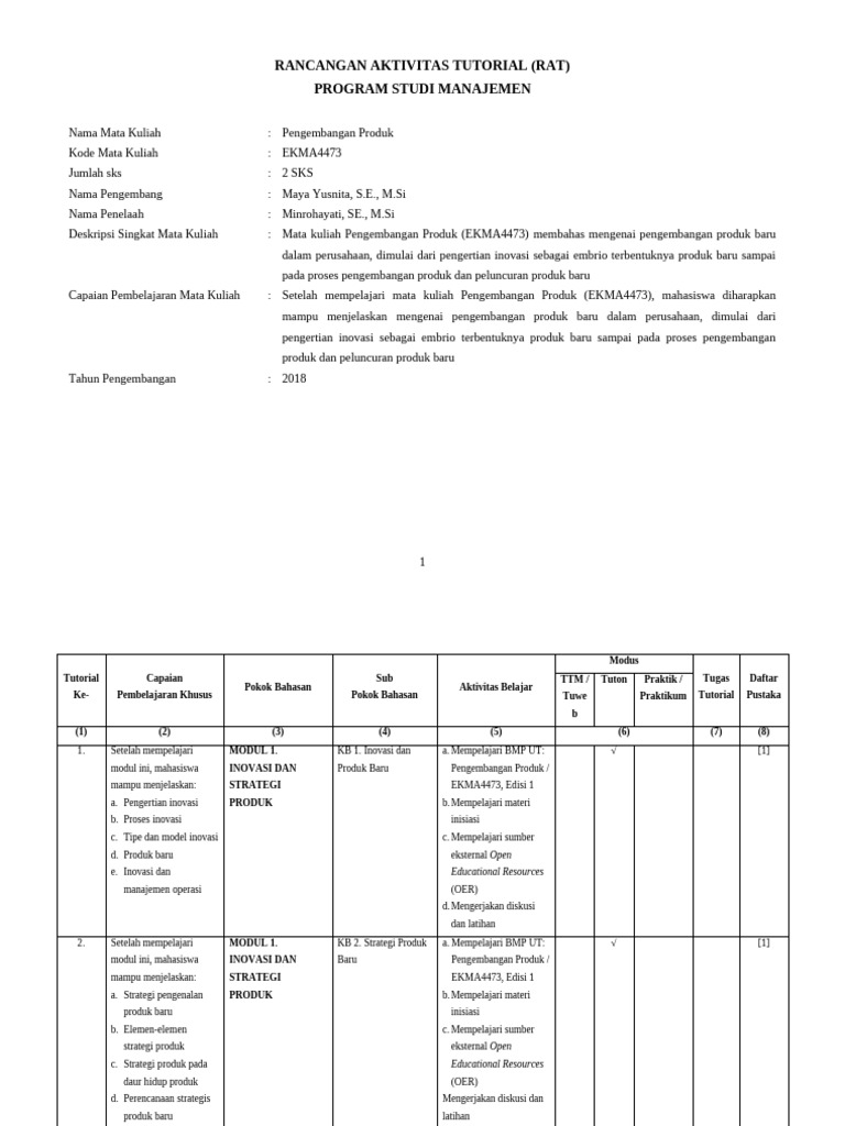 Rancangan Aktivitas Tutorial (Rat) Program Studi Manajemen | PDF