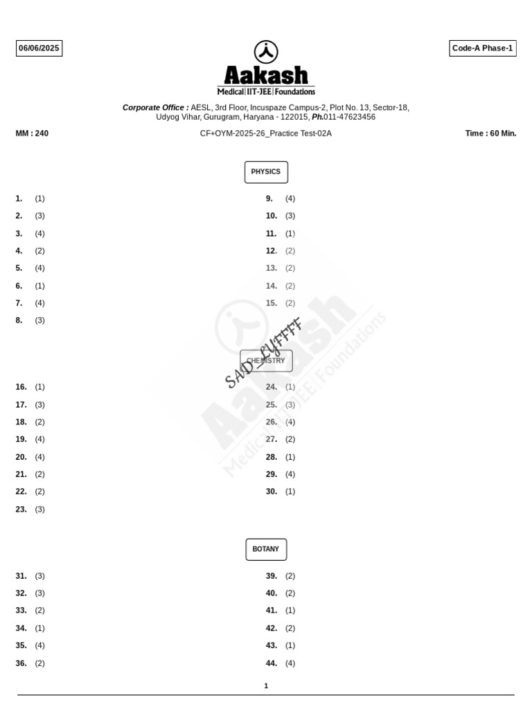 PT 02 Oym Phase 1 Code A Ans Key | PDF | Menstrual Cycle | Endocrine System