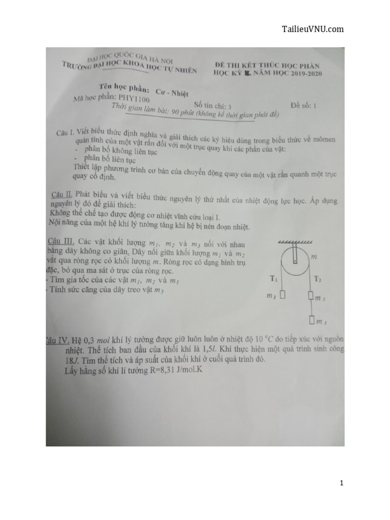 Đề Thi Cơ Nhiệt Đề Số 1 Kỳ 1 Năm Học 2019-2020 - HUS | PDF