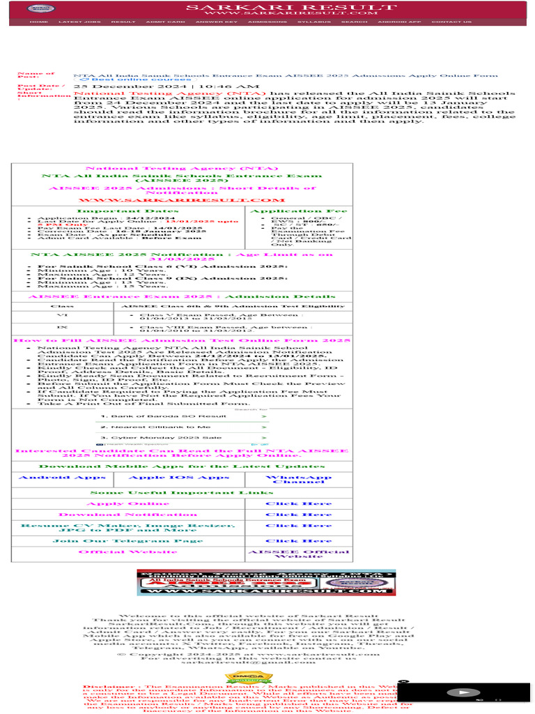 NTA AISSEE 2025 Online Form For All India Sainik Schools Exam | PDF | University And College ...