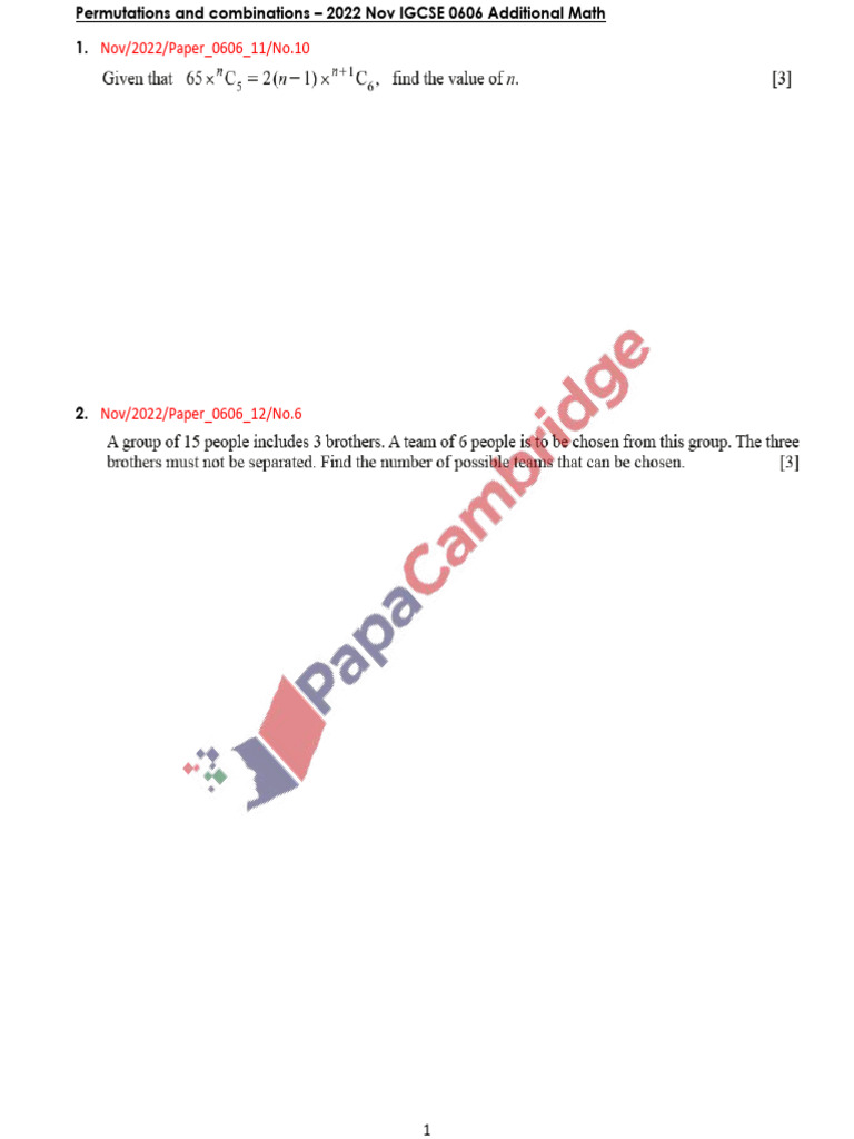 2022N Permutations and Combinations IGCSE 0606add Math | PDF