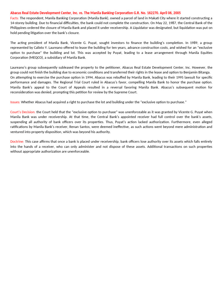 Abacus Real Estate Development Center, Inc. vs. The Manila Banking ...
