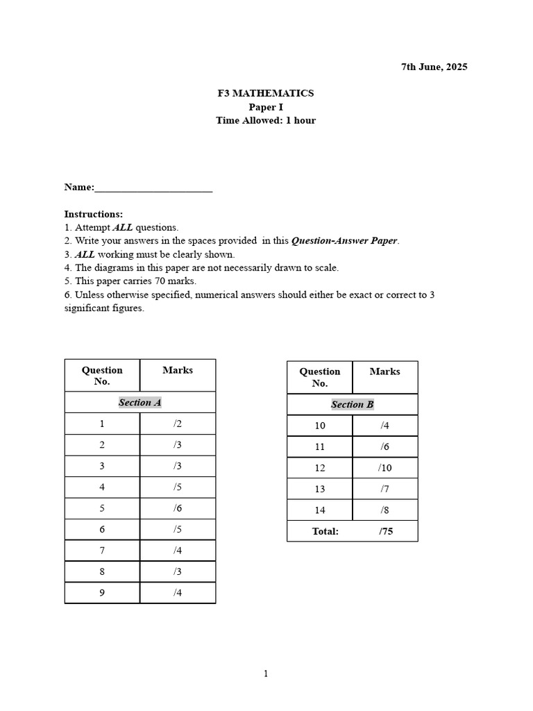 Maths Mock Paper 7th June 2025 | PDF | Triangle | Geometry