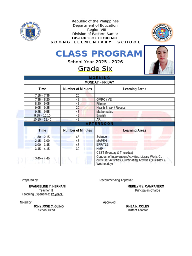 Grade 6 Class Program 2025-2026 | PDF
