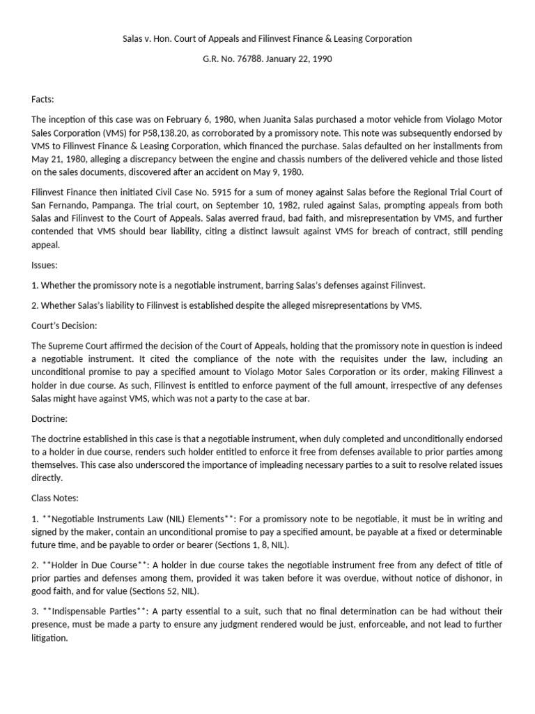 Salas v. Hon. Court of Appeals | PDF | Negotiable Instrument | Civil ...