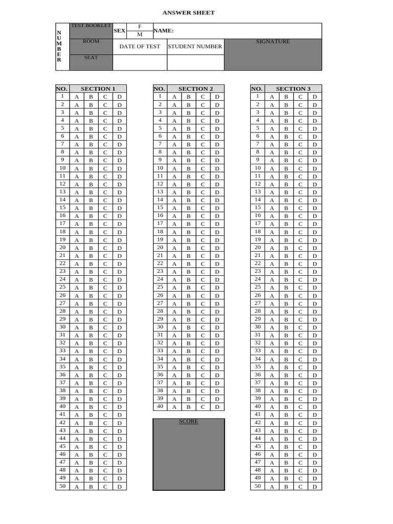 Answer Sheet for Test Booklet | PDF