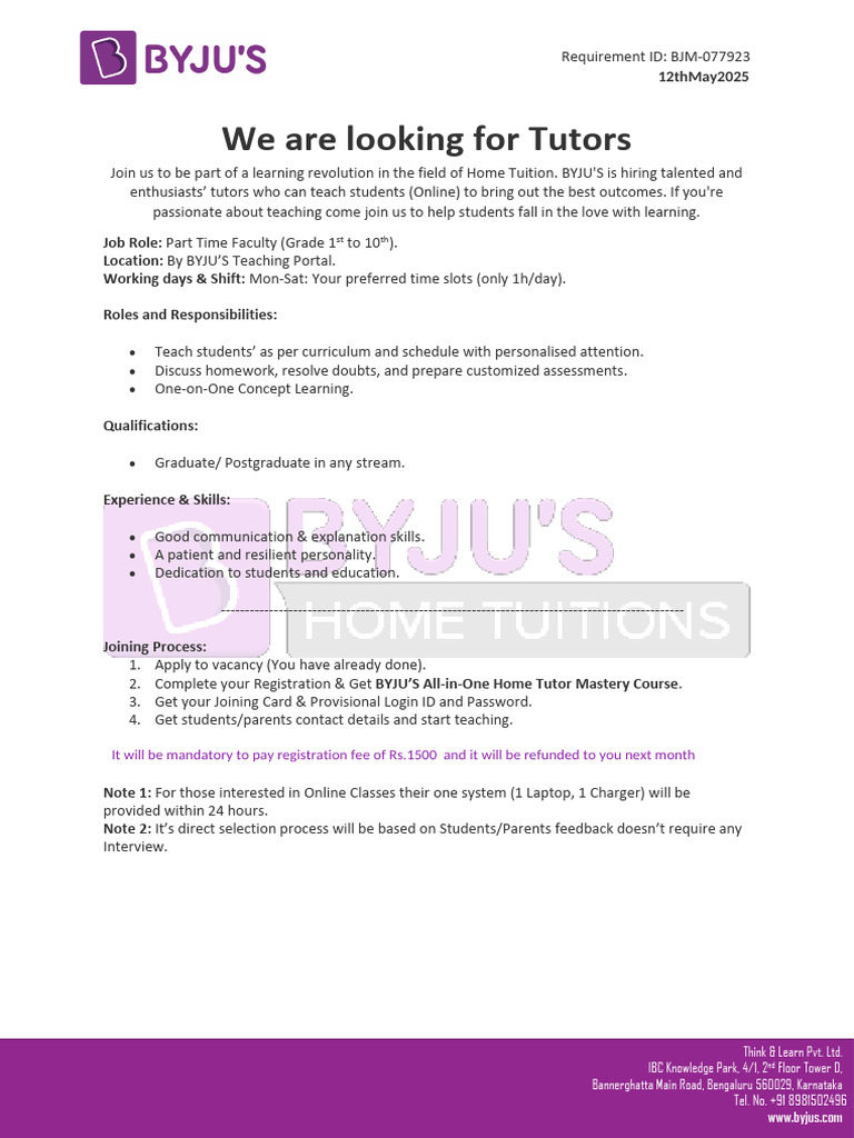 JD & Process Byjus Home Tutor-1 | PDF | Learning | Intelligence