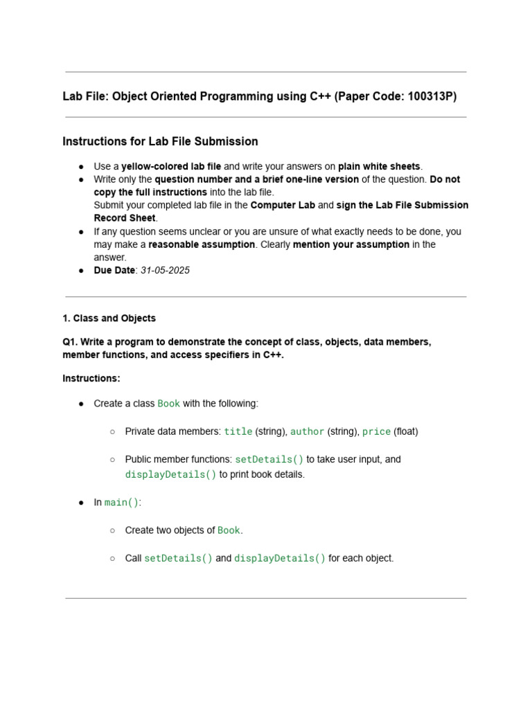 OOPS - Lab File | PDF | Constructor (Object Oriented Programming) | Programming