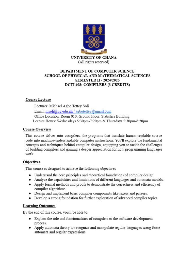 Dcit408 - Compilers Course Outline 2024 - 2025 | PDF | Parsing | Compiler