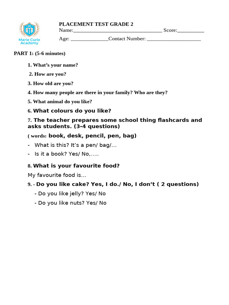 Speaking Placement Test Grade 2 | PDF