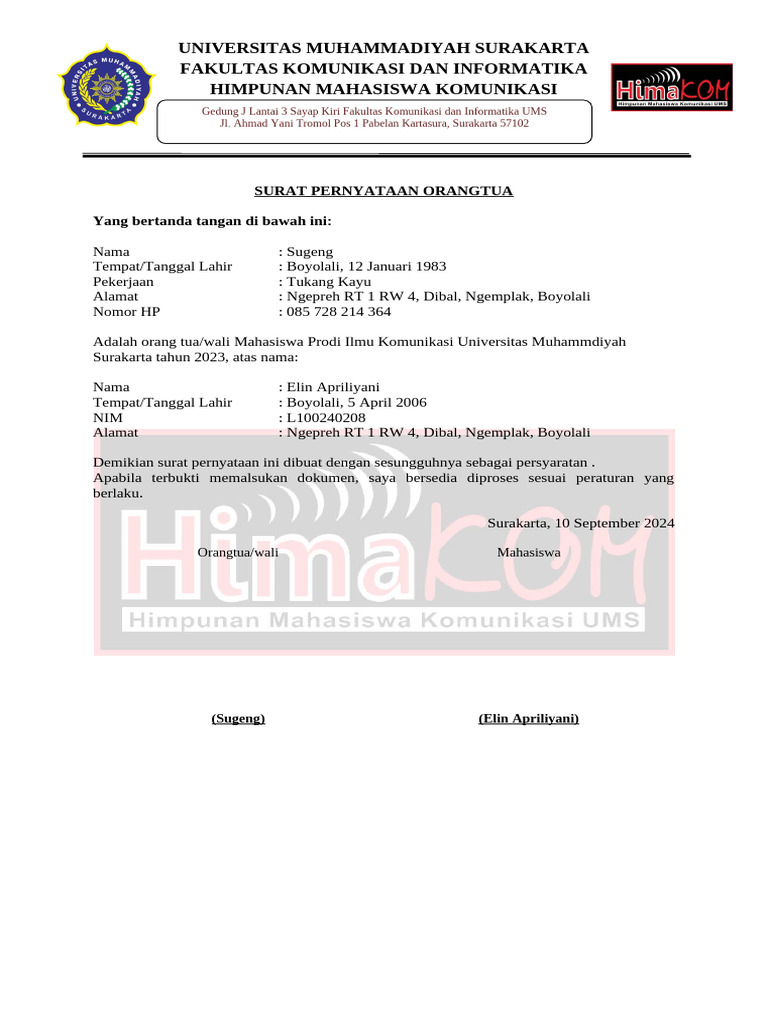 Surat Pernyataan Orang Tua Mahasiswa UMS | PDF