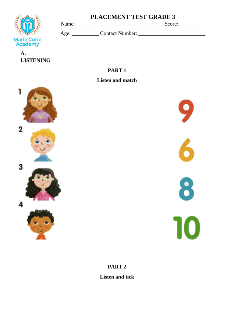 Placement Test Grade 3 | PDF | Foods