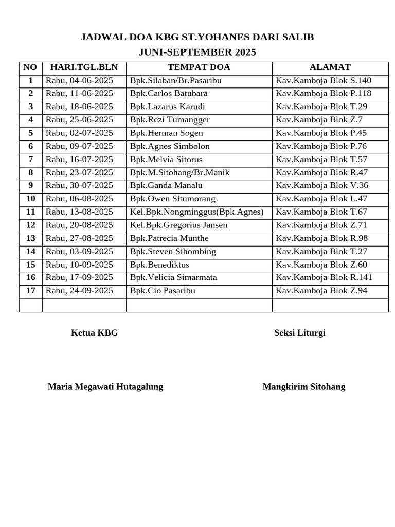 Jadwal Doa KBG ST - Yohanes DR Salib | PDF