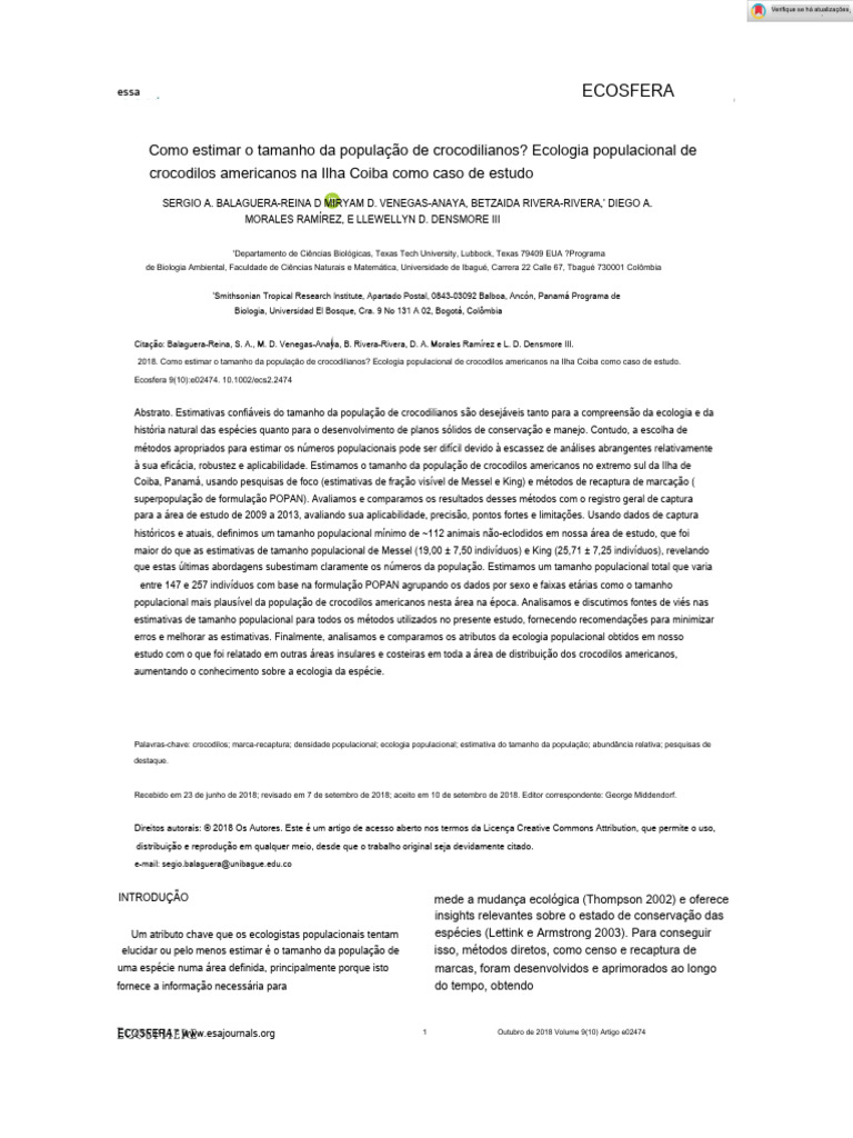 Ecosphere - 2018 - Balaguera‐Reina - How to Estimate Population Size in Crocodylians Population ...