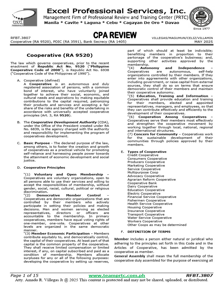 RFBT.3807 Coop PDIC Bank Secrecy | PDF | Cooperative | Quorum