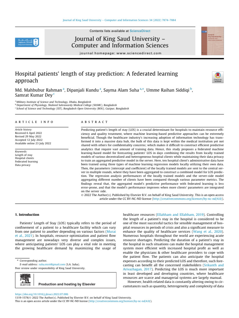 Hospital Patients Length of Stay Prediction A Federated Learning | PDF ...