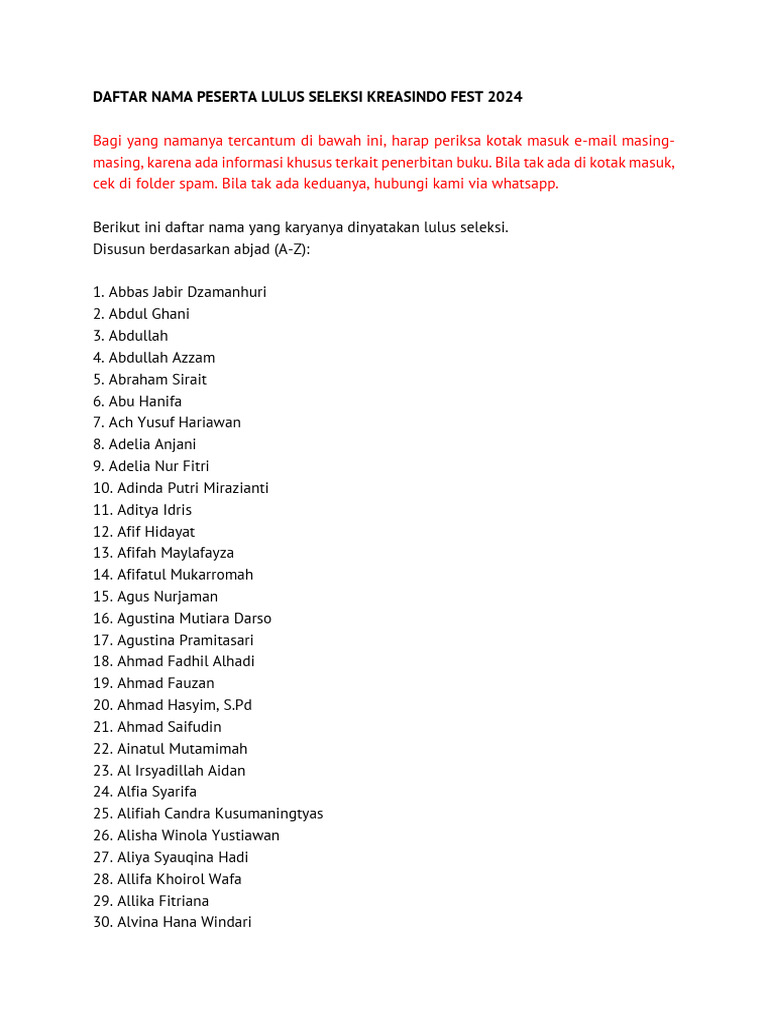 Peserta Lulus Kreasindo Fest 2024 | PDF