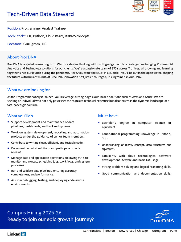 JD Programmer Analyst Trainee ProcDNA | PDF | Programmer | Cloud Computing