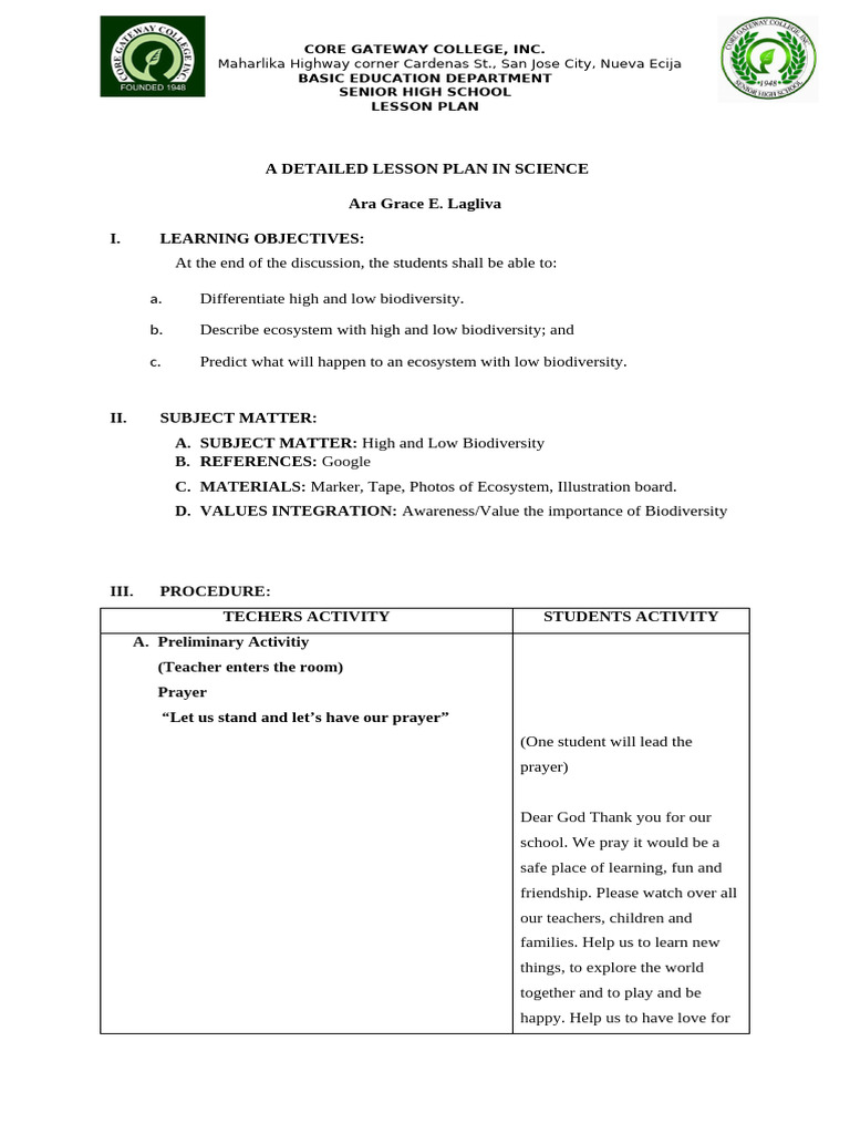 Biodiversity Lesson Plan | PDF | Ecosystem | Biodiversity