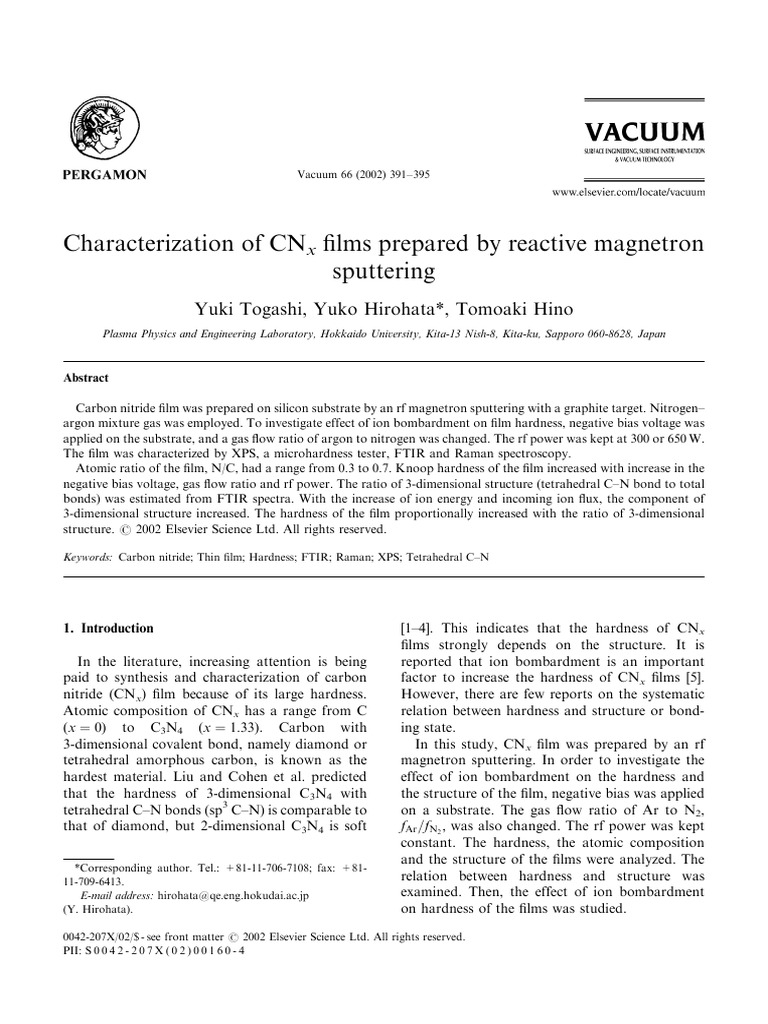 Characterization of CNX Films Prepared by Reactive Magnetron Sputtering | PDF | Sputtering | X ...