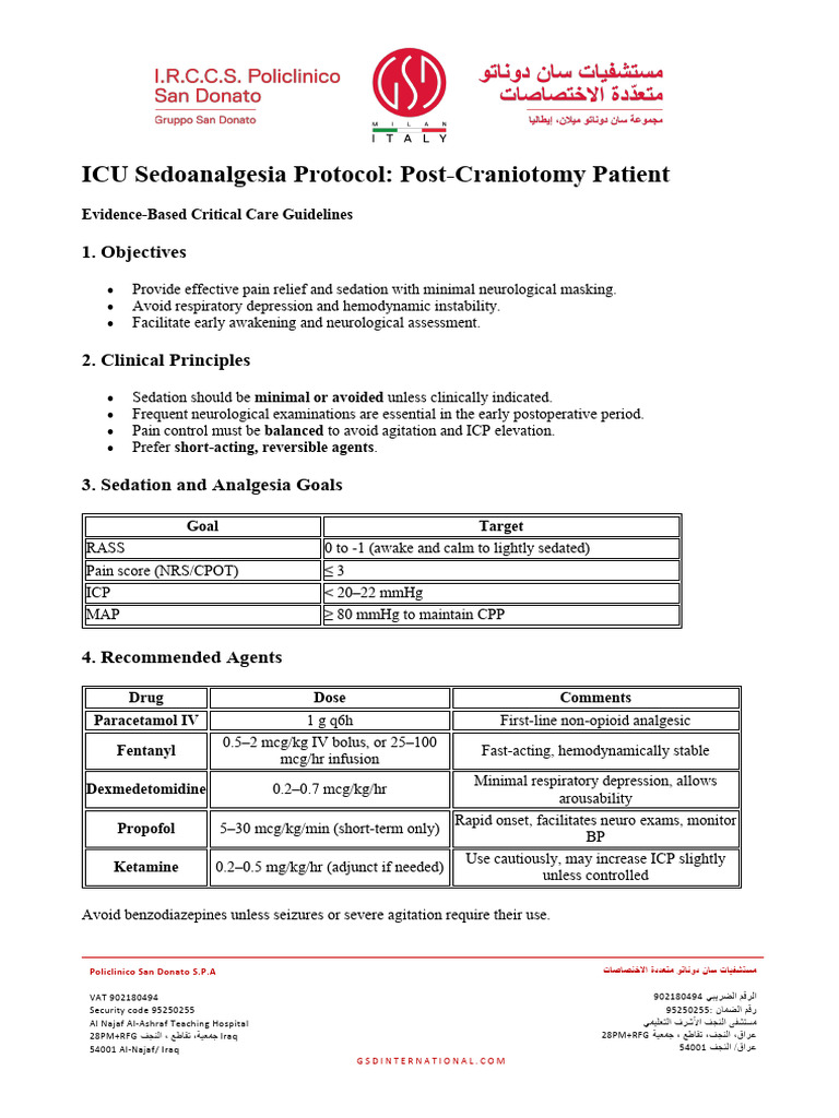 ICU Sedoanalgesia Protocol - Post-Craniotomy Patient | PDF | Intensive ...
