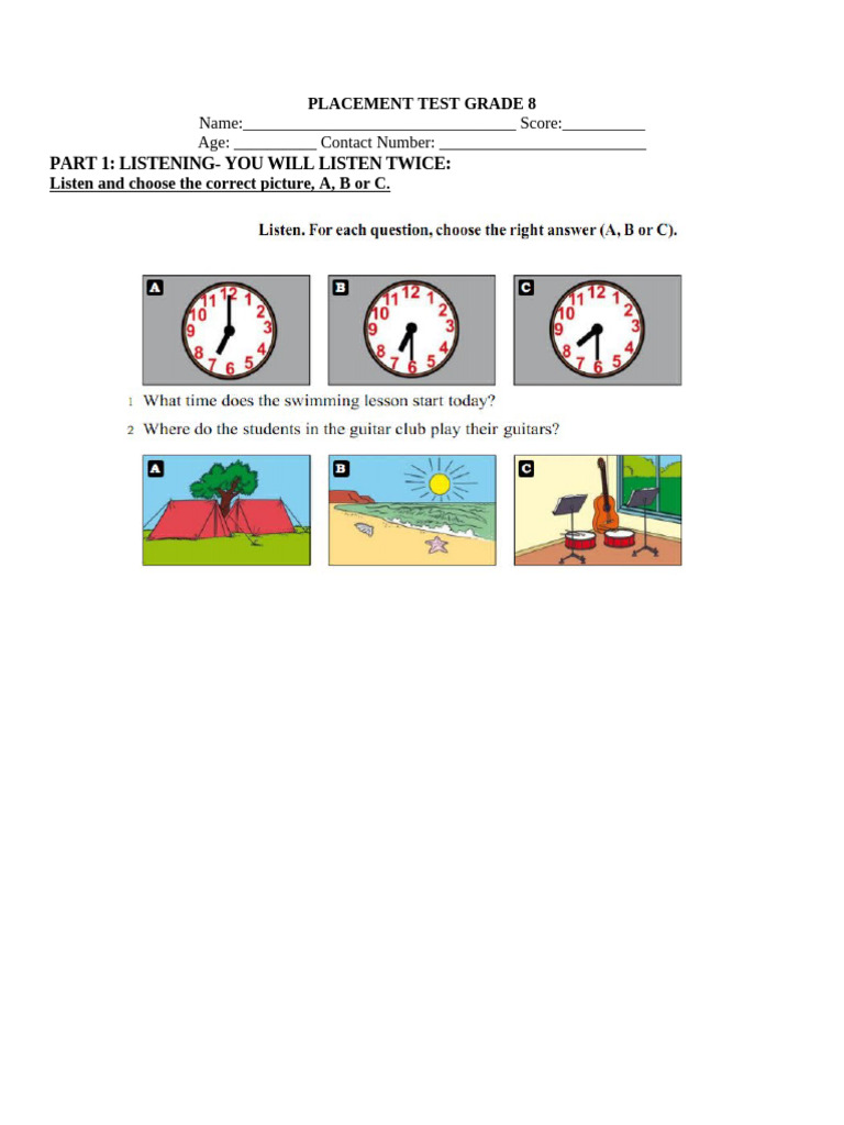 Grade 8 Placement Test Guide | PDF